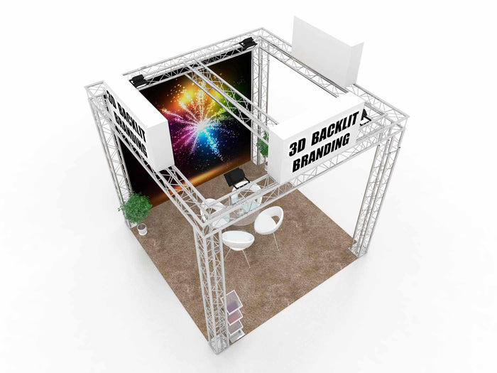 Exhibition stand with centre beam designed with S35 Quad gantry — CokerExpo
